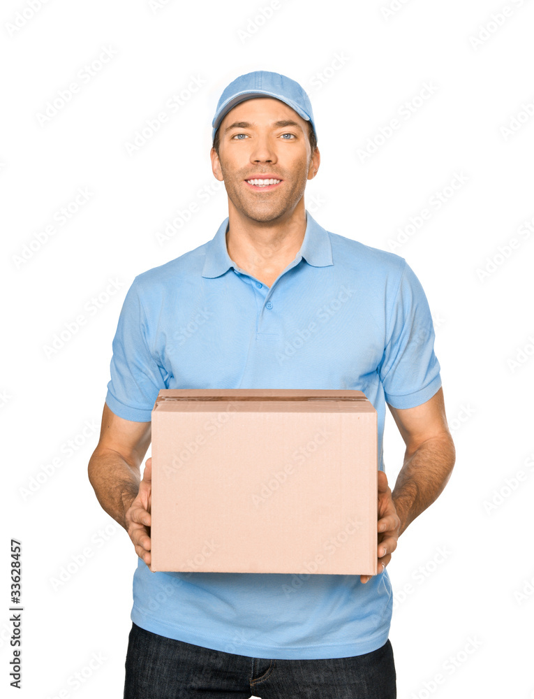 Postbote mit einem Paket Stock-Foto | Adobe Stock