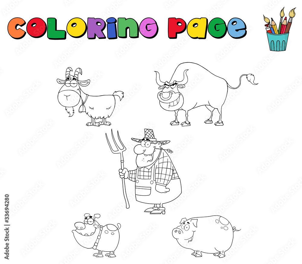 Coloring page with farm animals and farmer Stock Vector | Adobe Stock