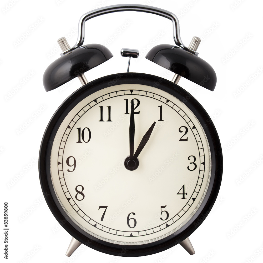 Old Alarm Clock, in black and white, showing one o'clock. Stock Photo ...