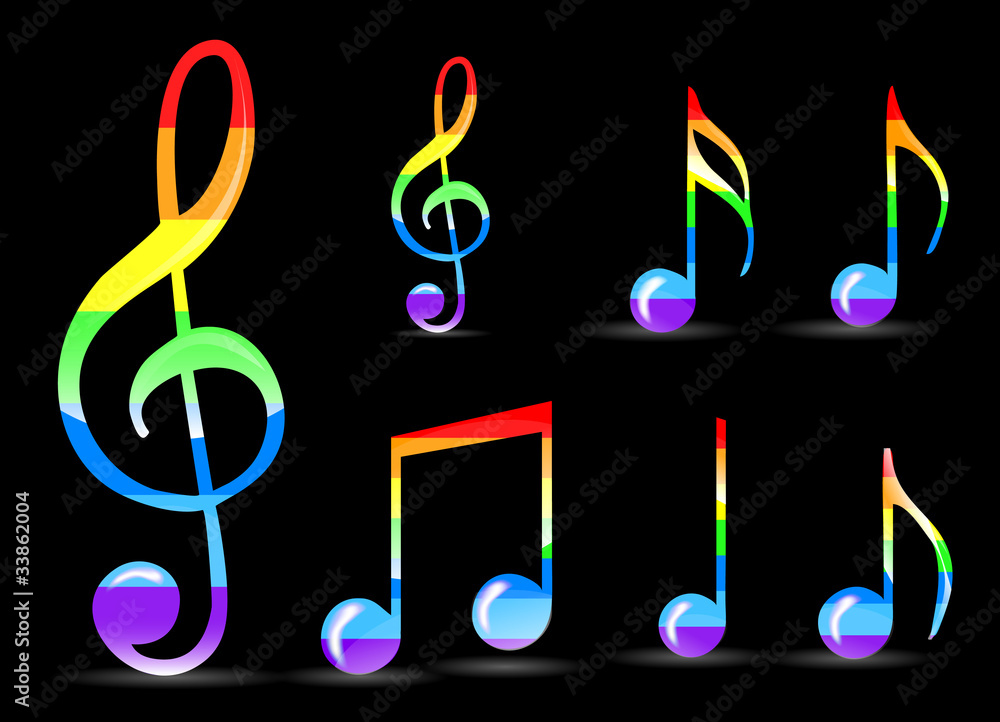 set of glossy rainbow music note isolated on black Stock Vector | Adobe ...
