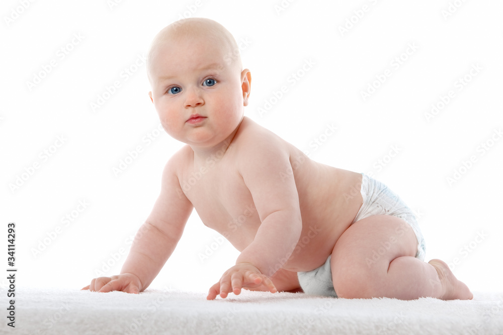 crawling baby in diaper over white background Stock Photo | Adobe Stock