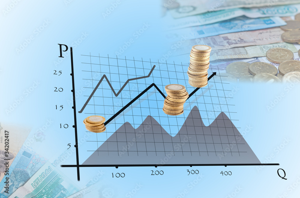 virtual economic graph with gold coins on it Stock Photo | Adobe Stock