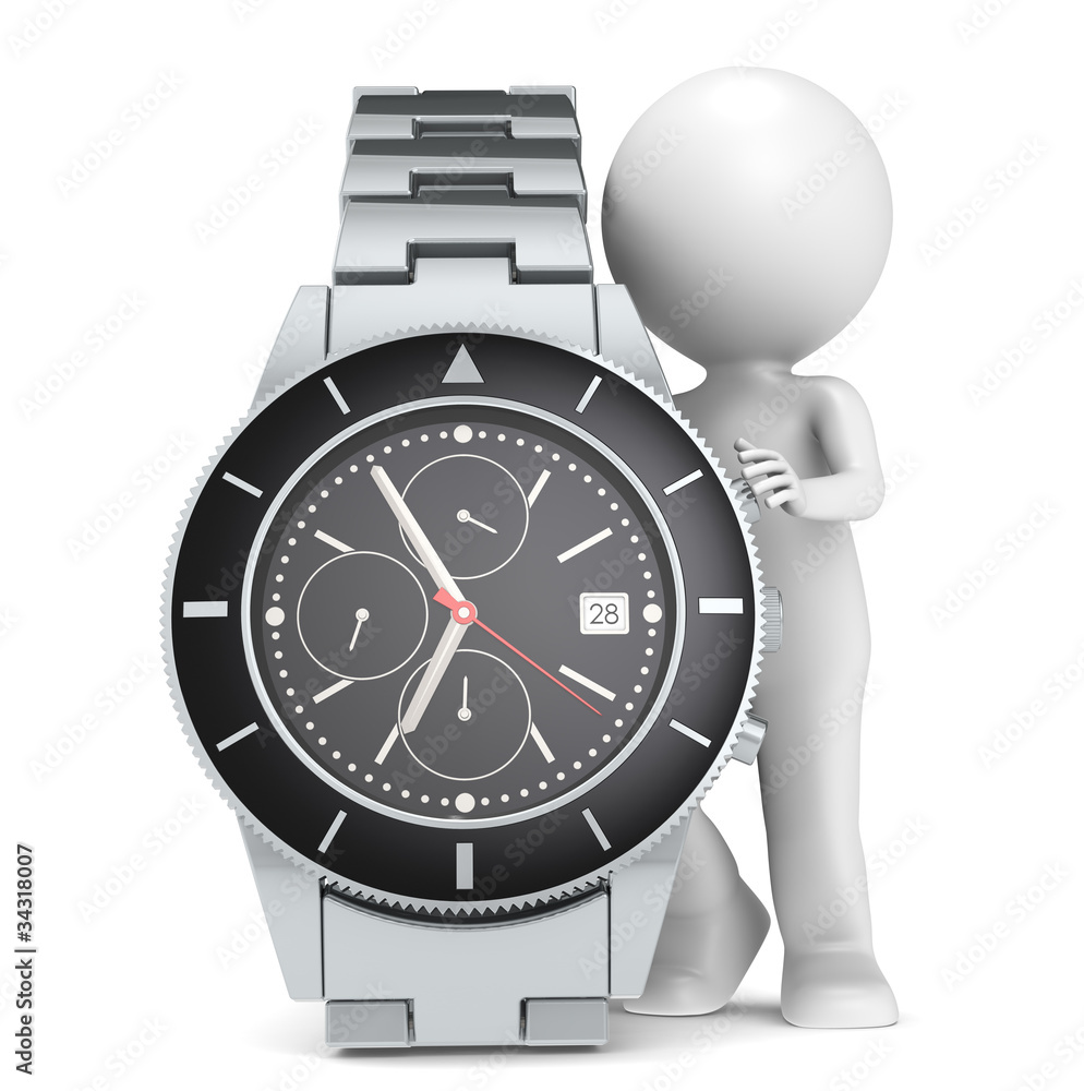 Time. 3D little human character with a Chronograph Watch Stock ...