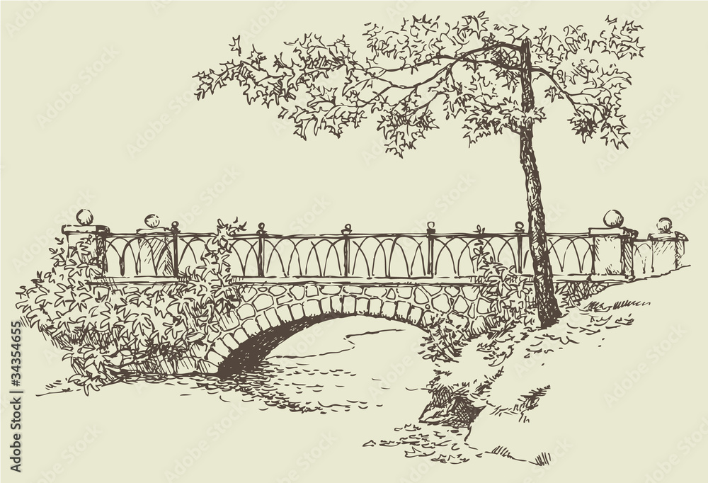 Landscape sketch of stone bridge Stock Vector | Adobe Stock