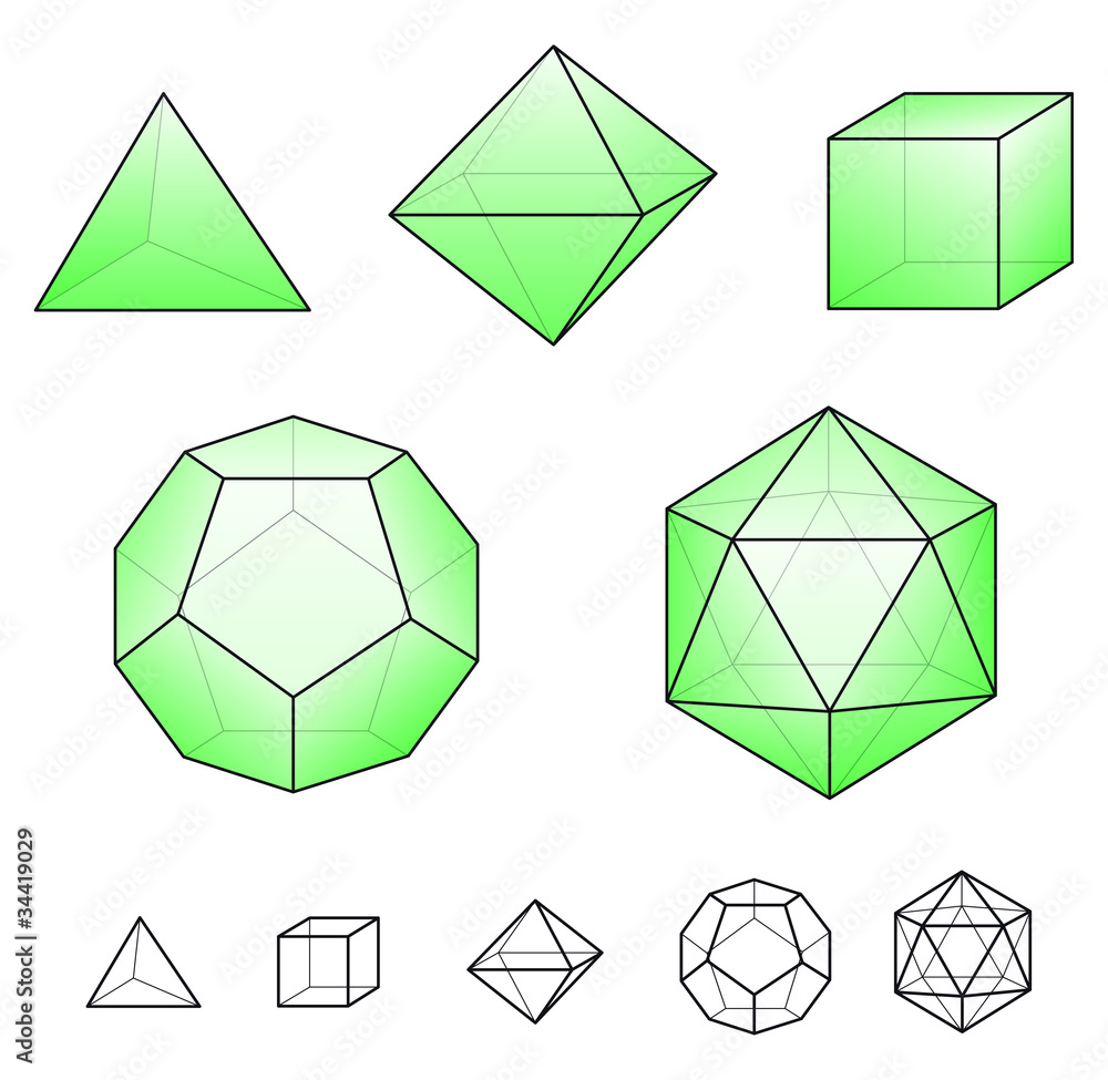 Platonic solids with green surfaces. Regular, convex polyhedrons in ...