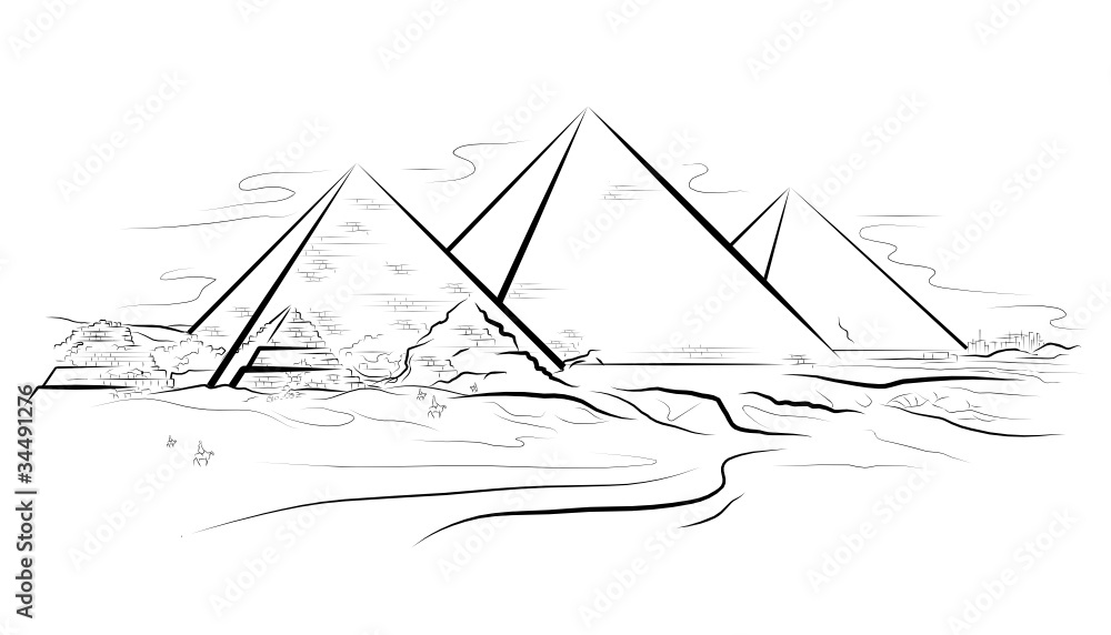 Vector drawing piramids and desert in Giza, Egypt Stock Vector | Adobe ...