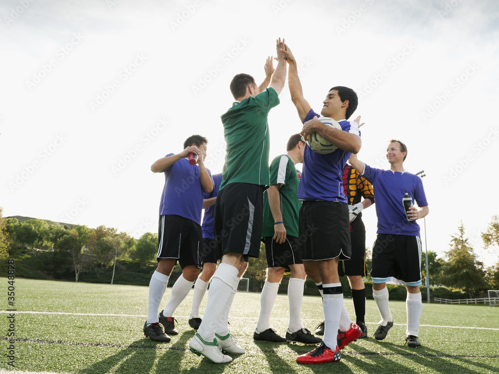 Soccer players cheering on soccer field Stock Photo | Adobe Stock
