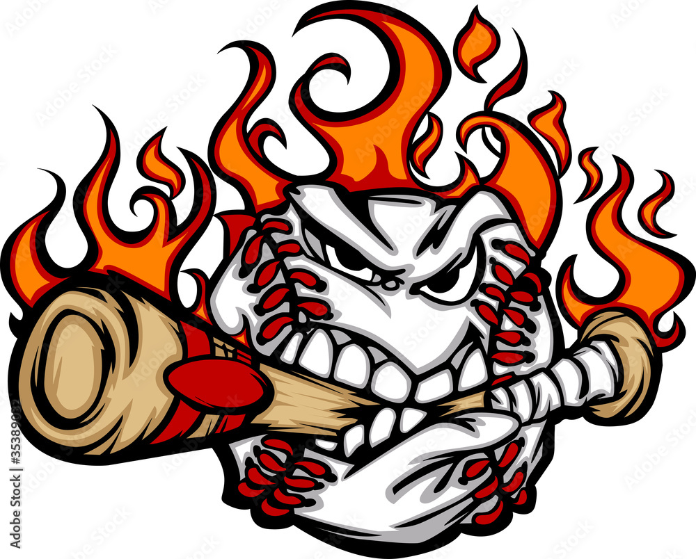 Baseball Flaming Face Biting Bat Vector Image Stock Vector | Adobe Stock