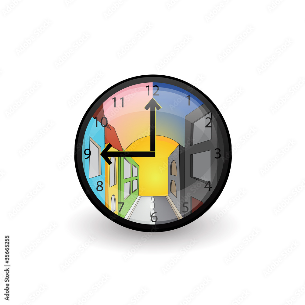 Clock with cartoon city landscape (day and night) Stock Vector | Adobe ...