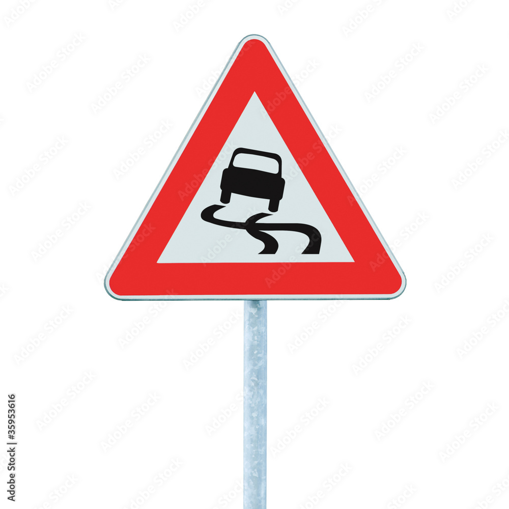 Slippery when wet road sign isolated signpost traffic signage Stock ...