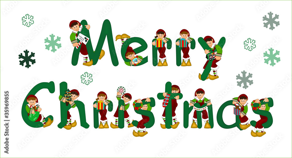 Merry christmas sign with elves Stock Vector | Adobe Stock