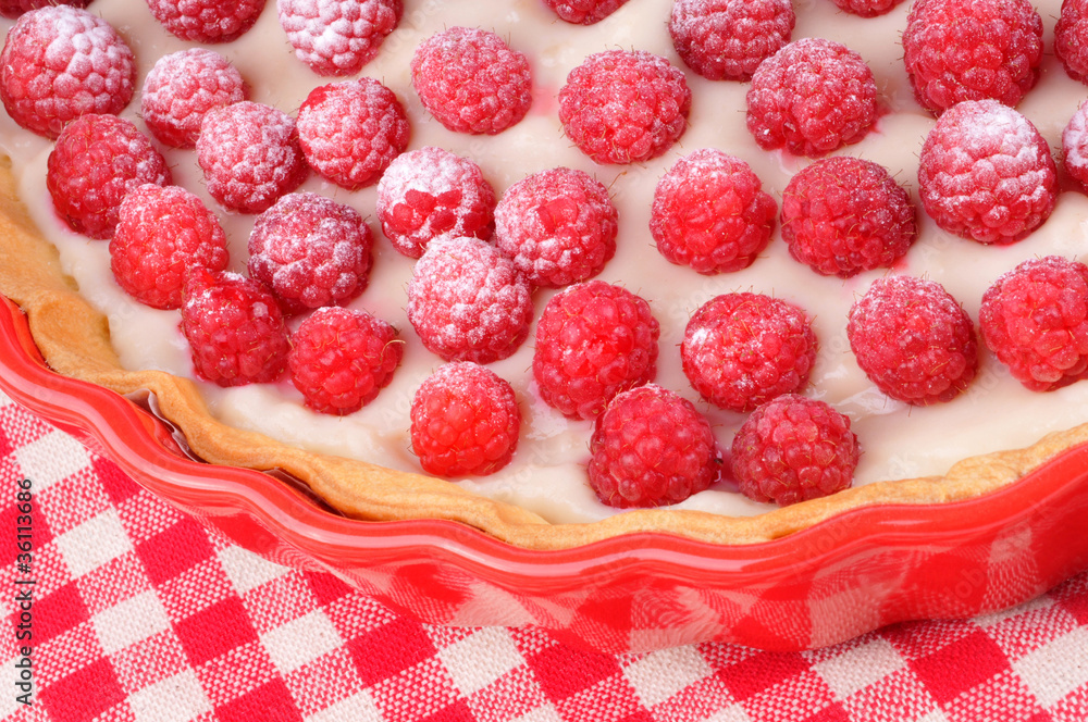 Une tarte aux framboises et nappe à carreaux Stock Photo | Adobe Stock