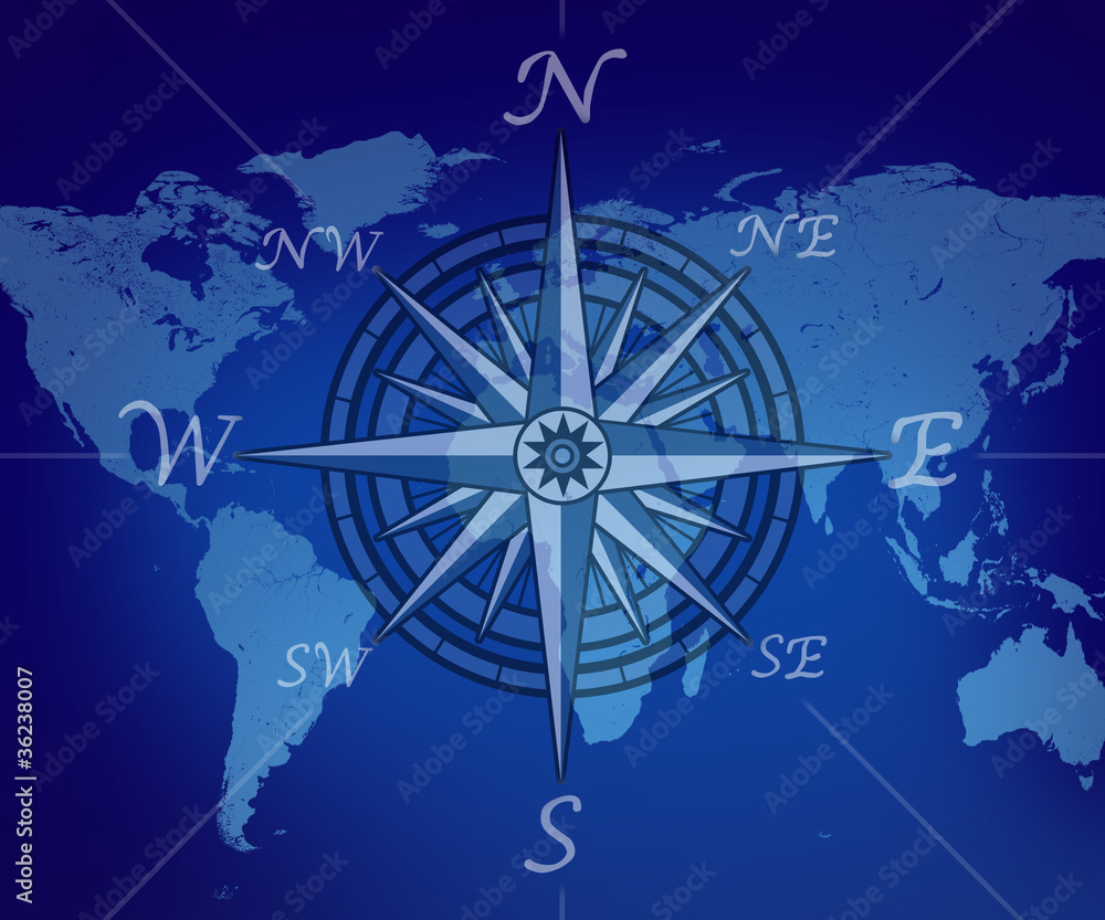 Map of the world with compass Stock Illustration | Adobe Stock