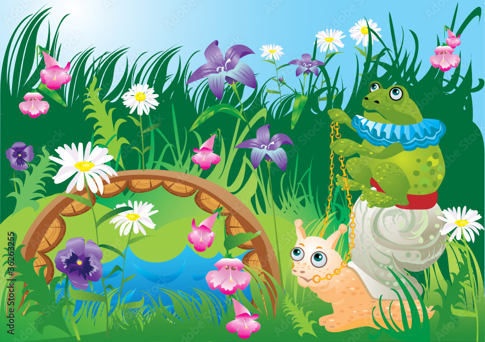 Frog riding snail - fairy tale illustration Stock Vector | Adobe Stock