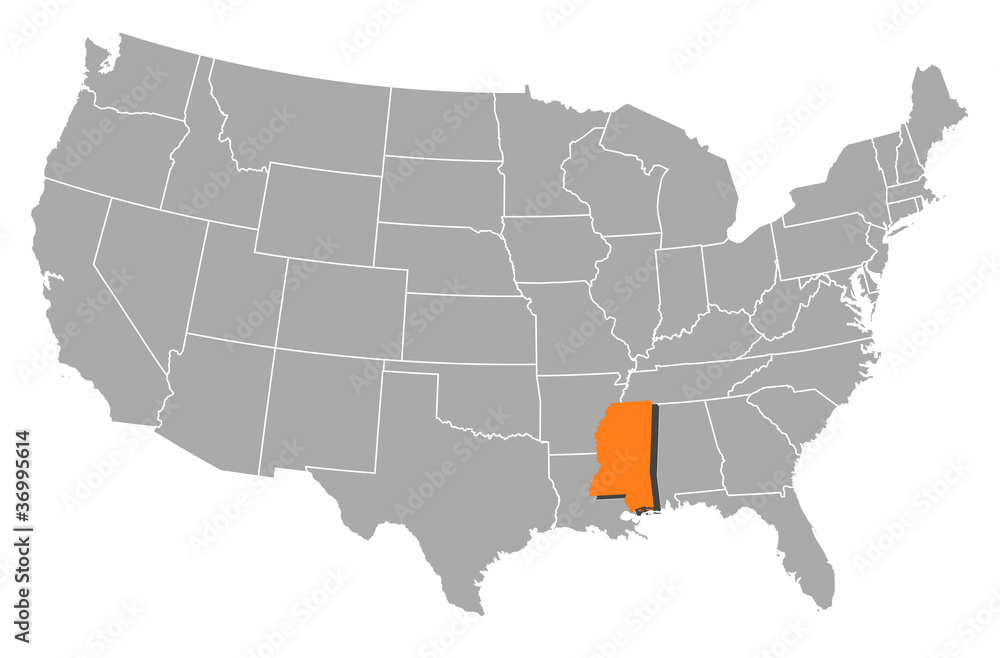 Map of the United States, Mississippi highlighted Stock Vector | Adobe ...