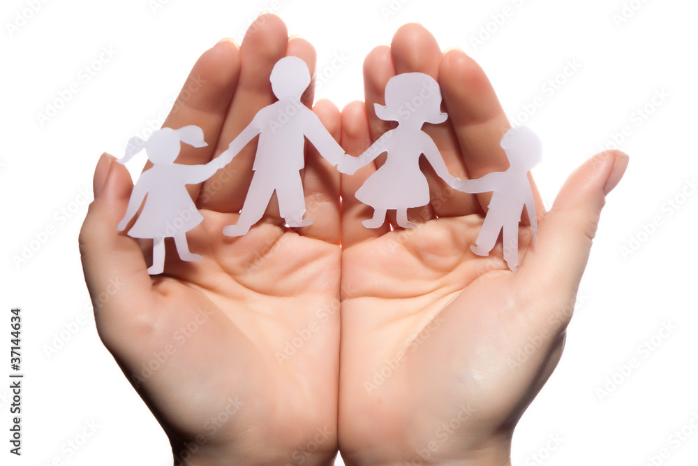 Paper chain family protected in cupped hands on white background Stock ...