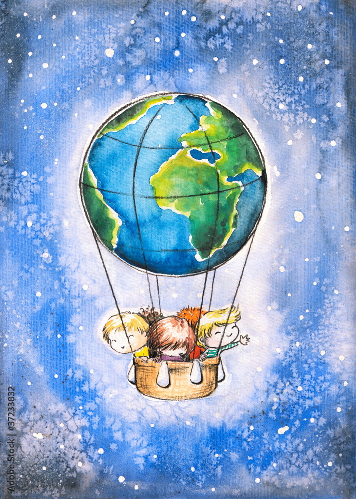 Children in Earth as balloon. Stock Illustration | Adobe Stock