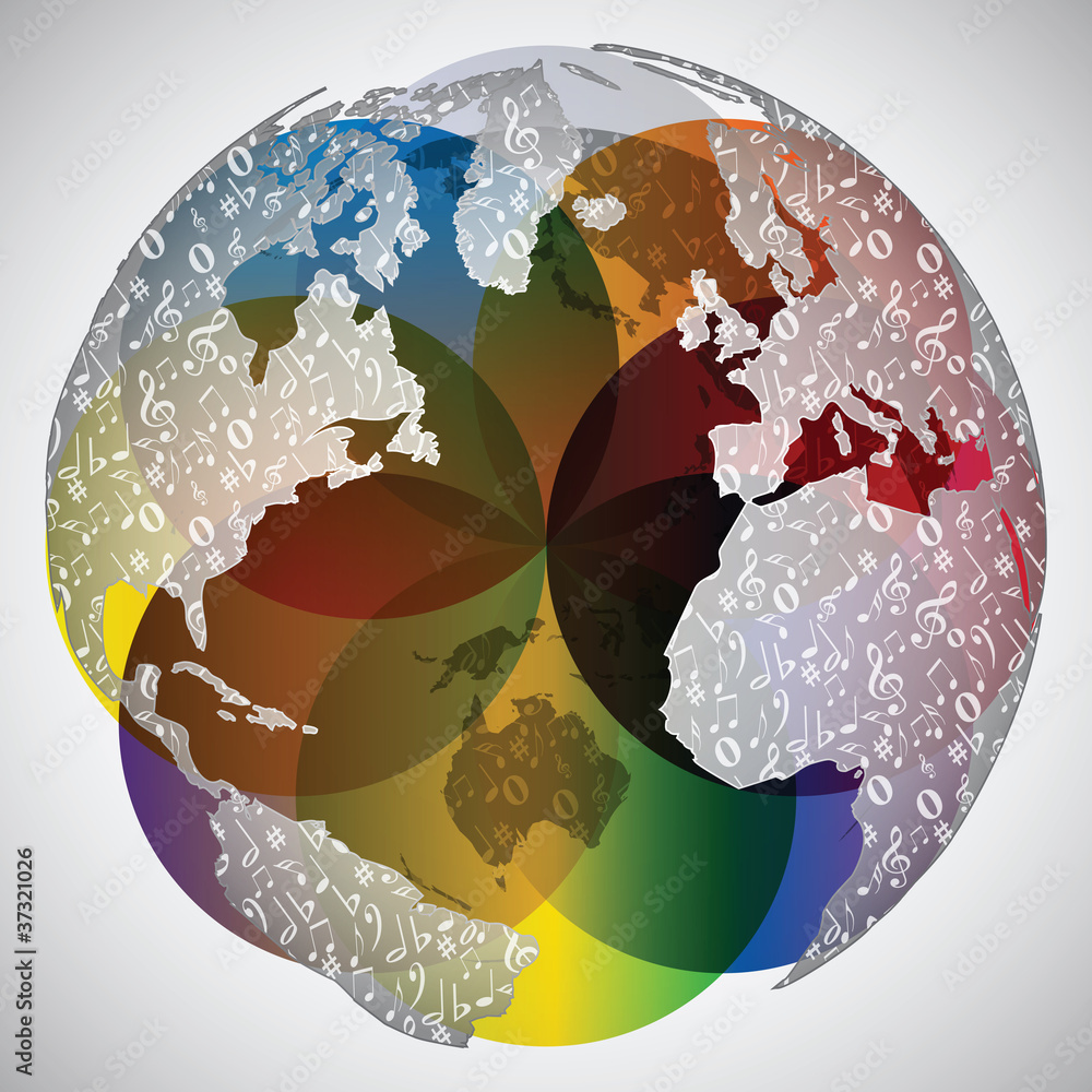 colorful world globe with musical notes on it Stock Vector | Adobe Stock