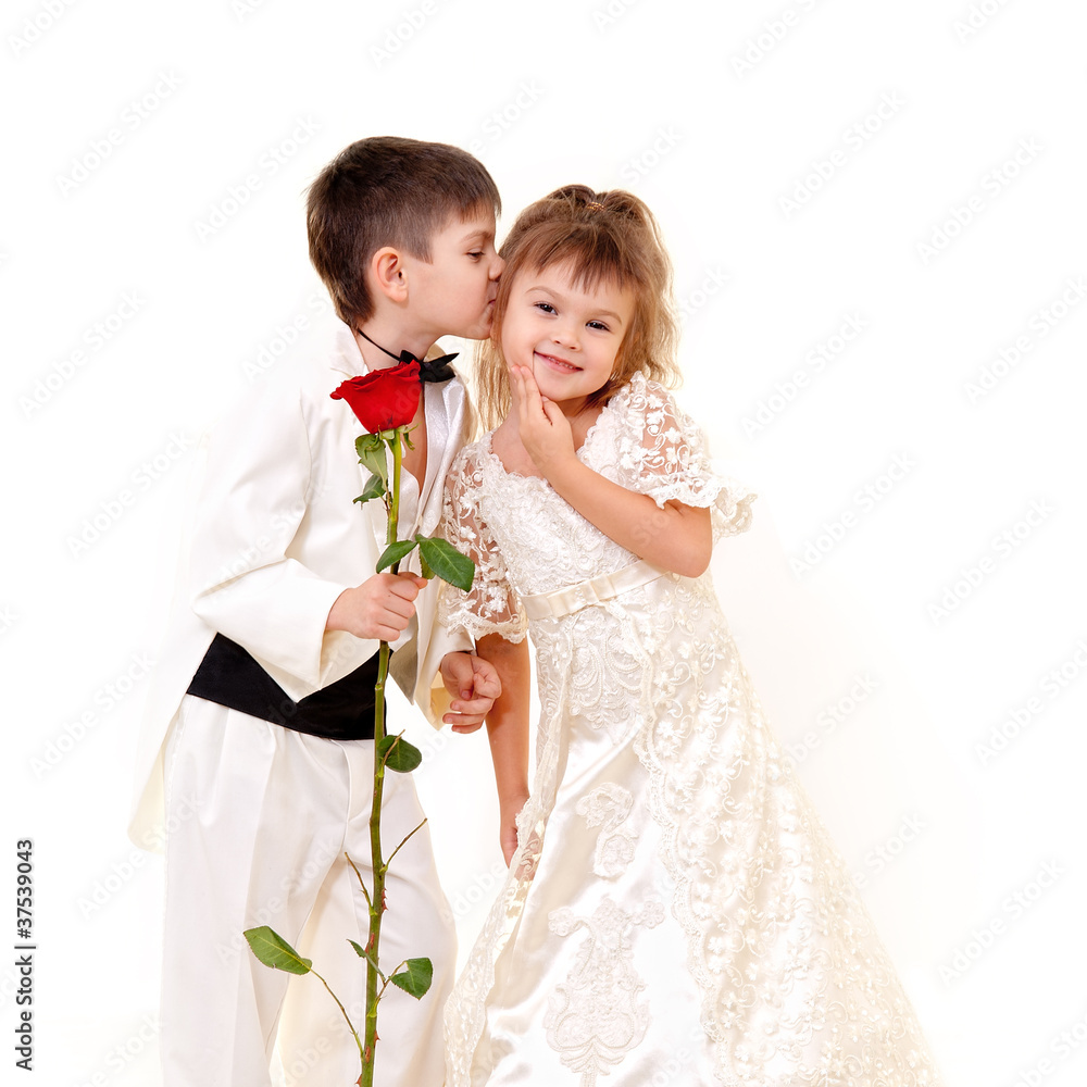 Little boy and girl wearing bride and groom fancy dresses Stock Photo ...
