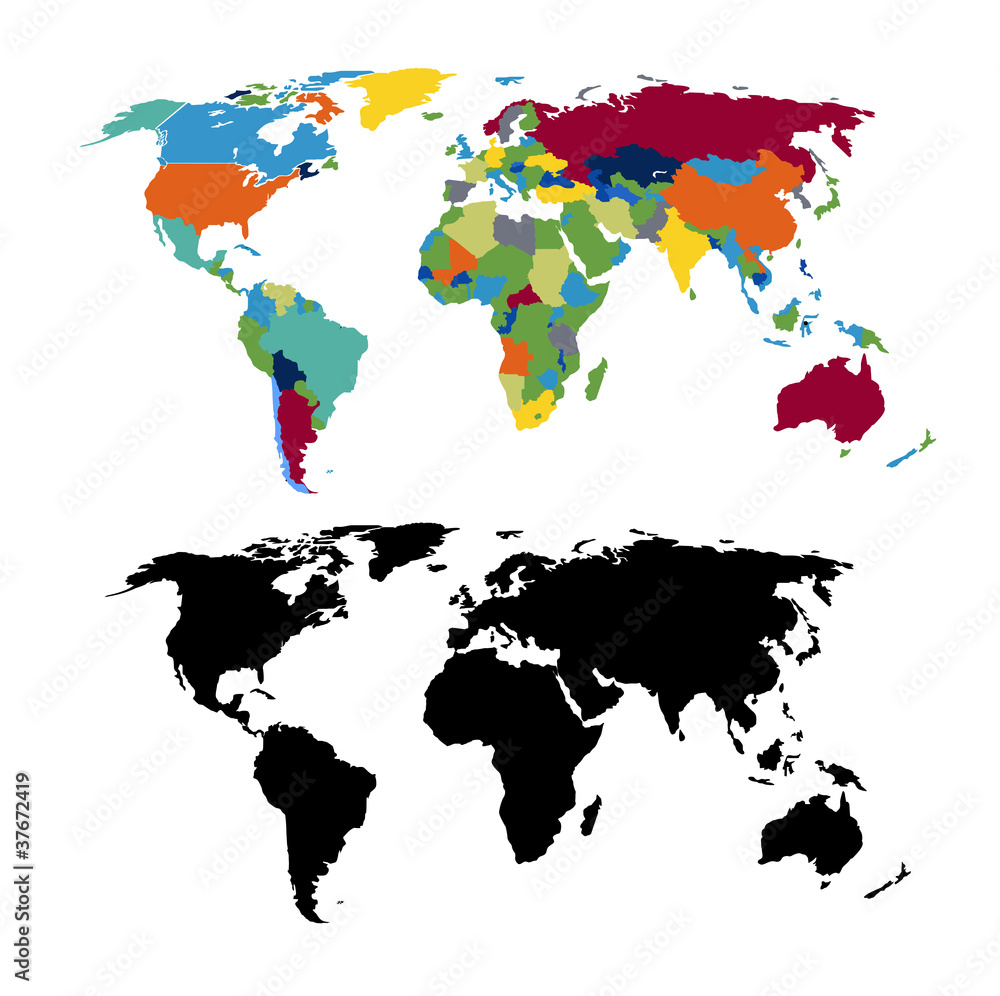 Colored and Black World Map Stock Vector | Adobe Stock