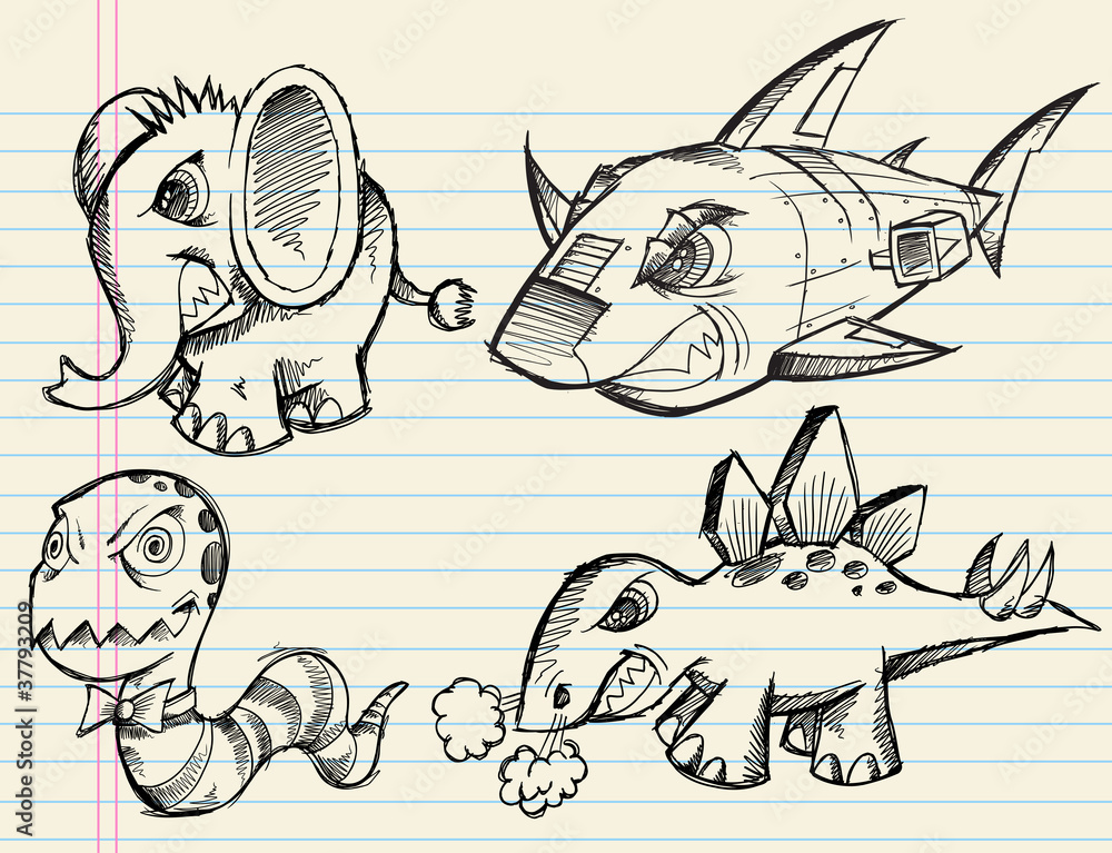 Angry Doodle Sketch Animals Vector Set Stock Vector | Adobe Stock