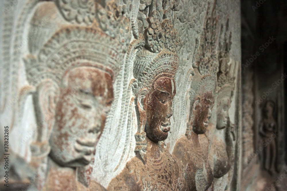 Carvings of devata goddess from the central tower of Angkor Wat, Angkor ...
