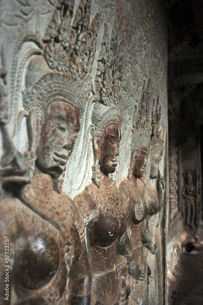 Carvings of devata goddess from the central tower of Angkor Wat, Angkor ...