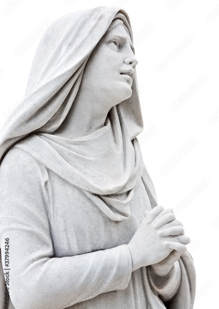 Marble sculpture of a sad woman praying isolated on white Stock Photo ...