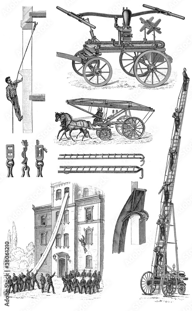 Vintage drawing of firefighting machines and field techniques Stock ...