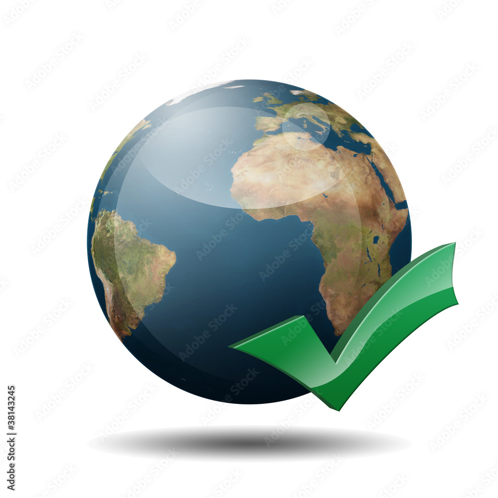 Icono planeta tierra 3D con simbolo validacion ilustração do Stock ...