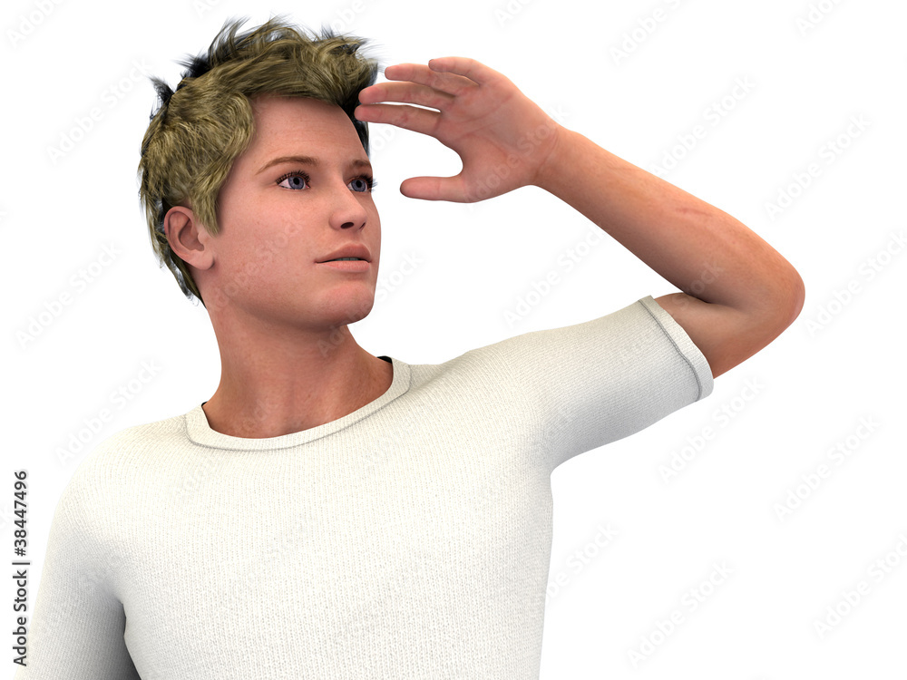 Looking ahead. 3D man looking up and far. Isolated on white. Stock ...