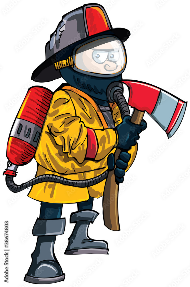 Cartoon fireman in a mask with an axe Stock Vector | Adobe Stock