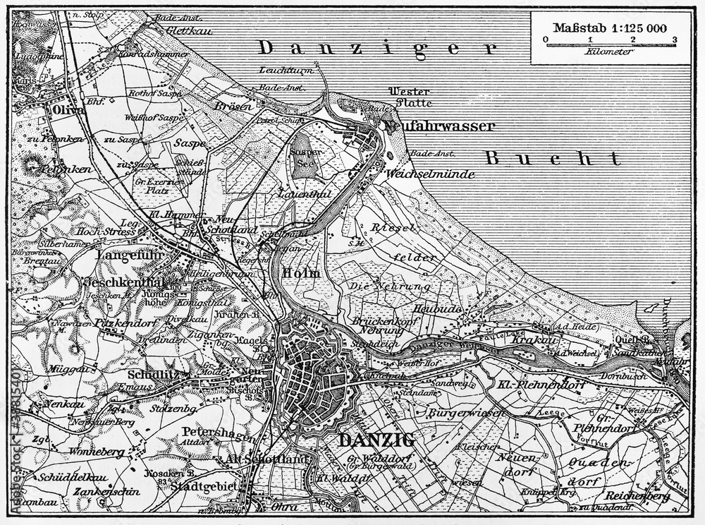 Map of Danzig city and surroundings in early 20th century Stock ...