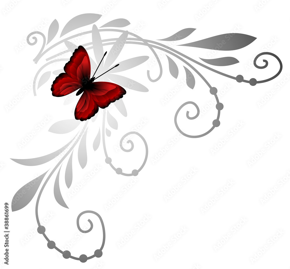 Floral pattern with red butterfly Stock Vector | Adobe Stock