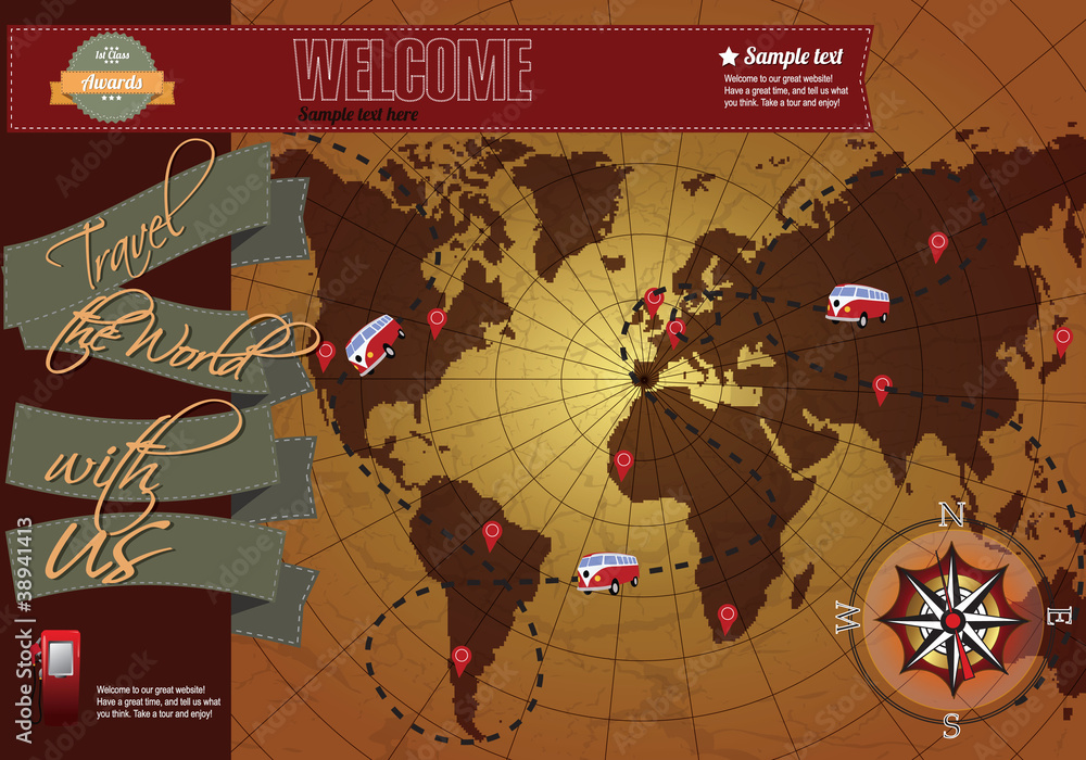Website template elements, world map with compass Stock Vector | Adobe ...
