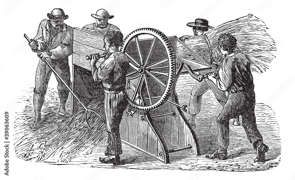 Vetor de Five people using threshing machine also known as thrashing ...