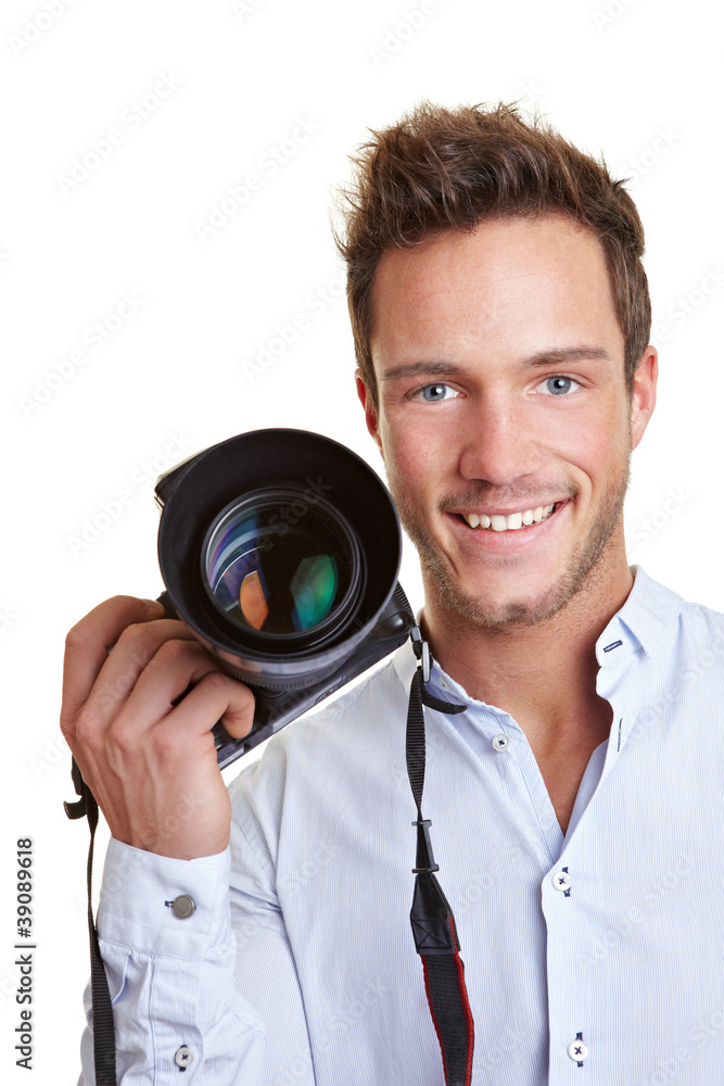 Junger Journalist mit Kamera Stock-Foto | Adobe Stock