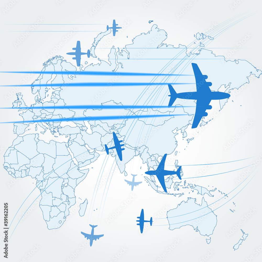 Transport and civil airplanes paths over the map of the world Stock ...