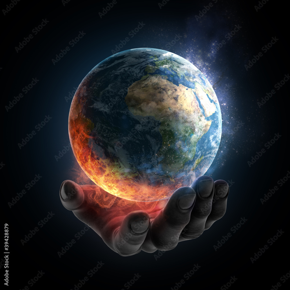 Illustrated hand holding a burning Earth Stock Illustration | Adobe Stock