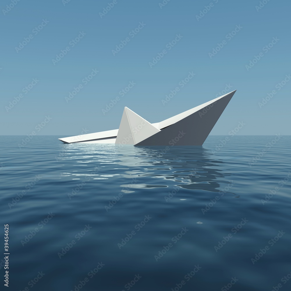 Paper boat is sinking into the sea. 3D rendering Stock Illustration ...