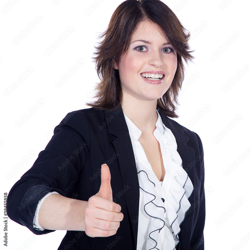 Frau hält lachend Daumen hoch Porträt Stock Photo | Adobe Stock