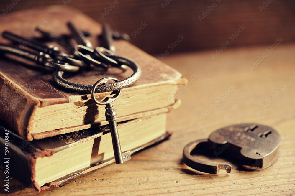 old keys on a old book, antique wood background Stock Photo | Adobe Stock