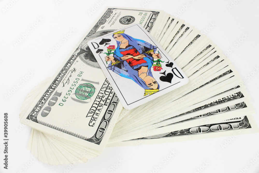 prize money dollars and playing cards on white background Stock Photo ...