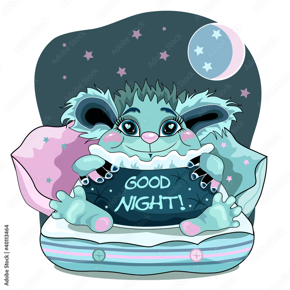Cute good night background with blue friendly monster. Stock Vector ...