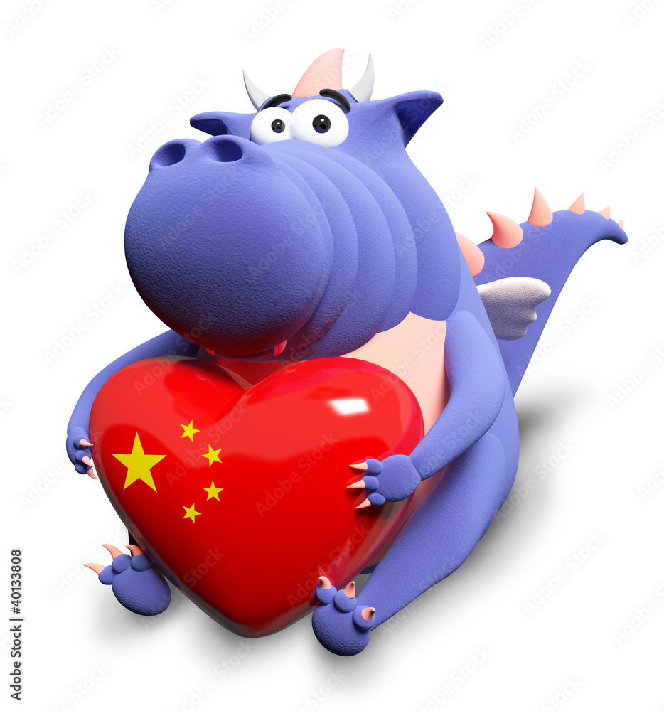 Blue dragon and big heart with Chinese flag, isolated on white Stock ...