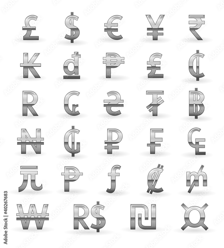 Silver currency symbols of the world Stock Vector | Adobe Stock