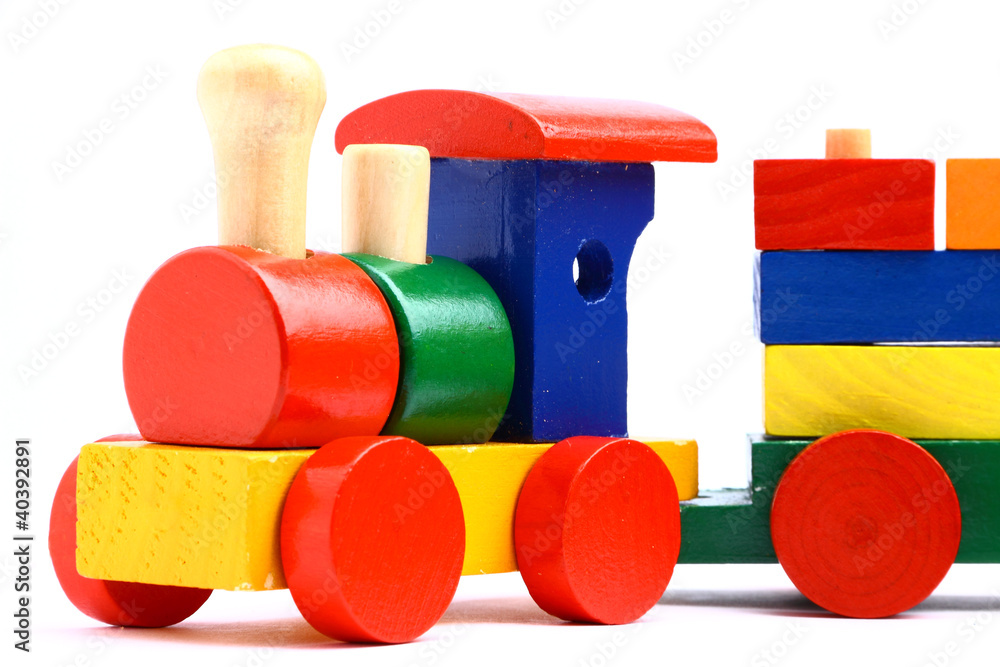 Colorful wooden toy train isolated on white background Stock Photo ...