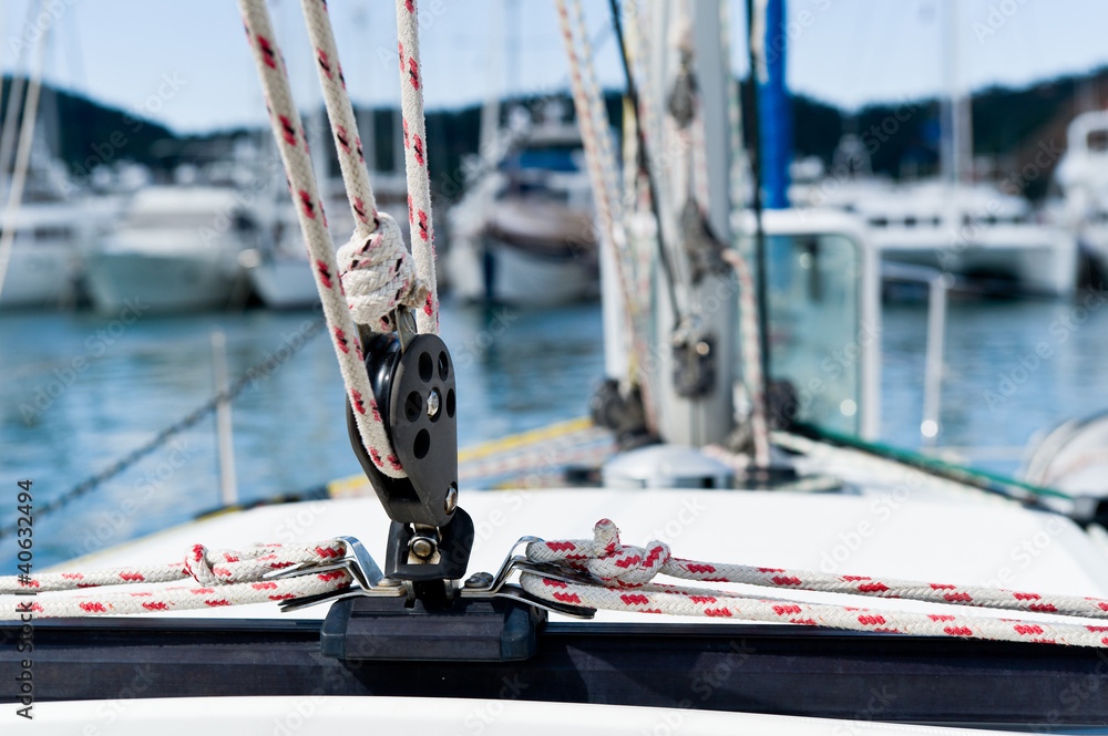 Sailing yacht rigging equipment main sheet traveller Stock Photo ...