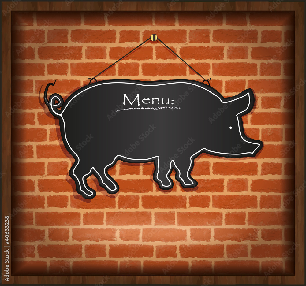 raster blackboard pig menu card brick wall background Stock ...