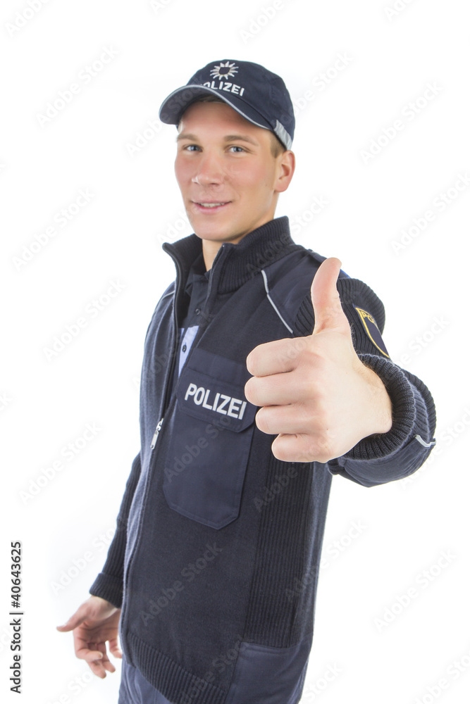 Polizei in Uniform hält daumen hoch Stock-Foto | Adobe Stock
